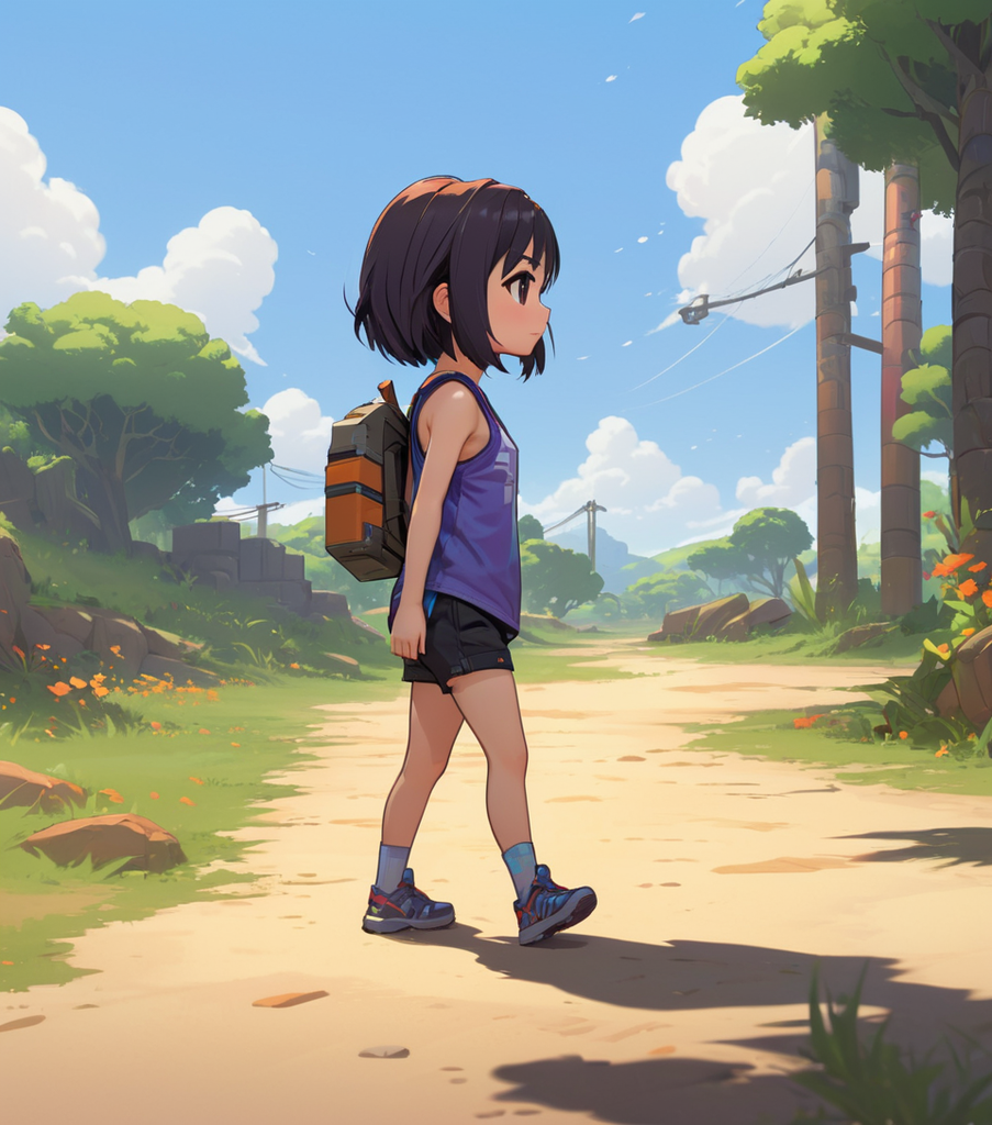 Chibi-style girl with short hair strolls sideways in full-bo... by ...