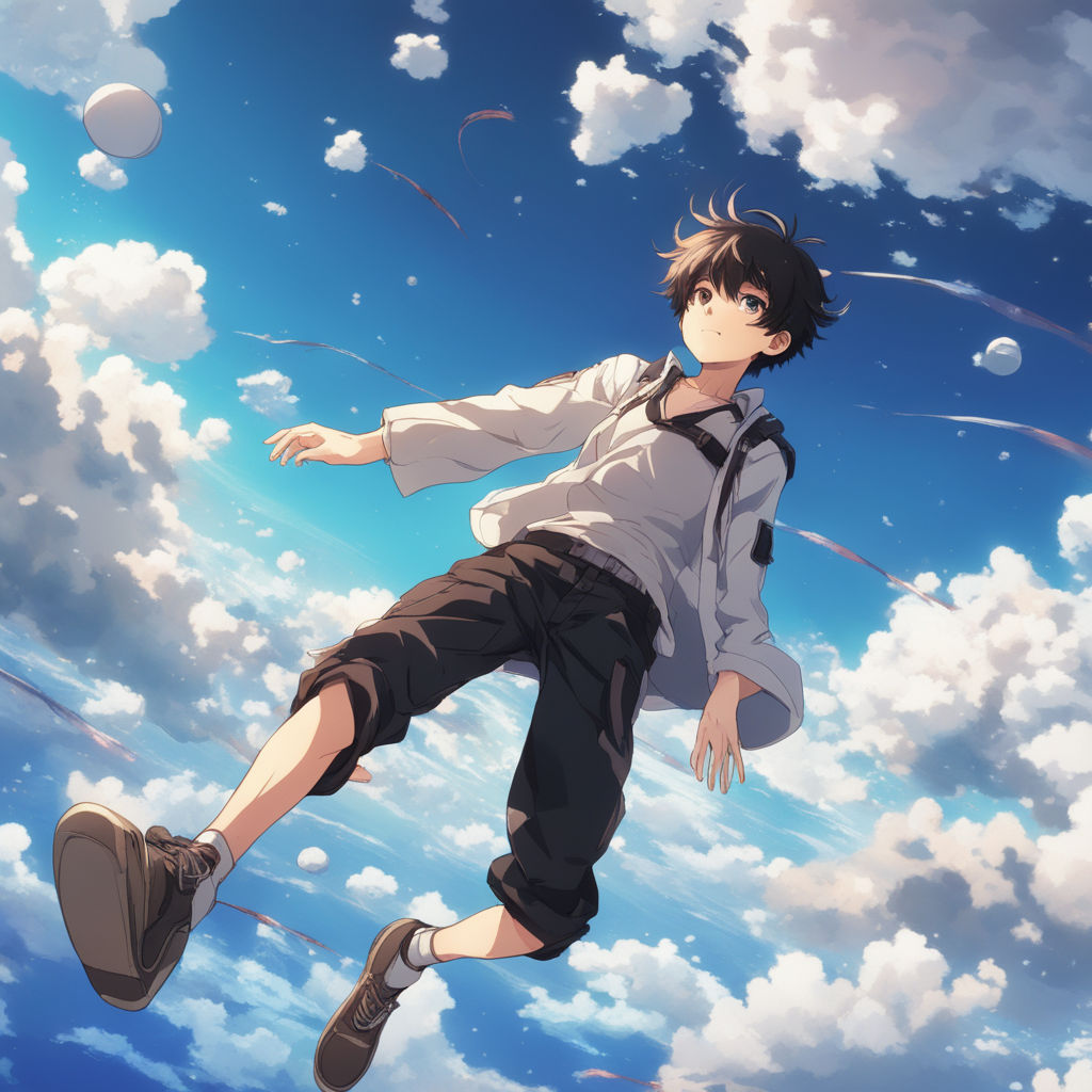 A beautiful scene showcasing an anime boy floating in the ai... by R K ...