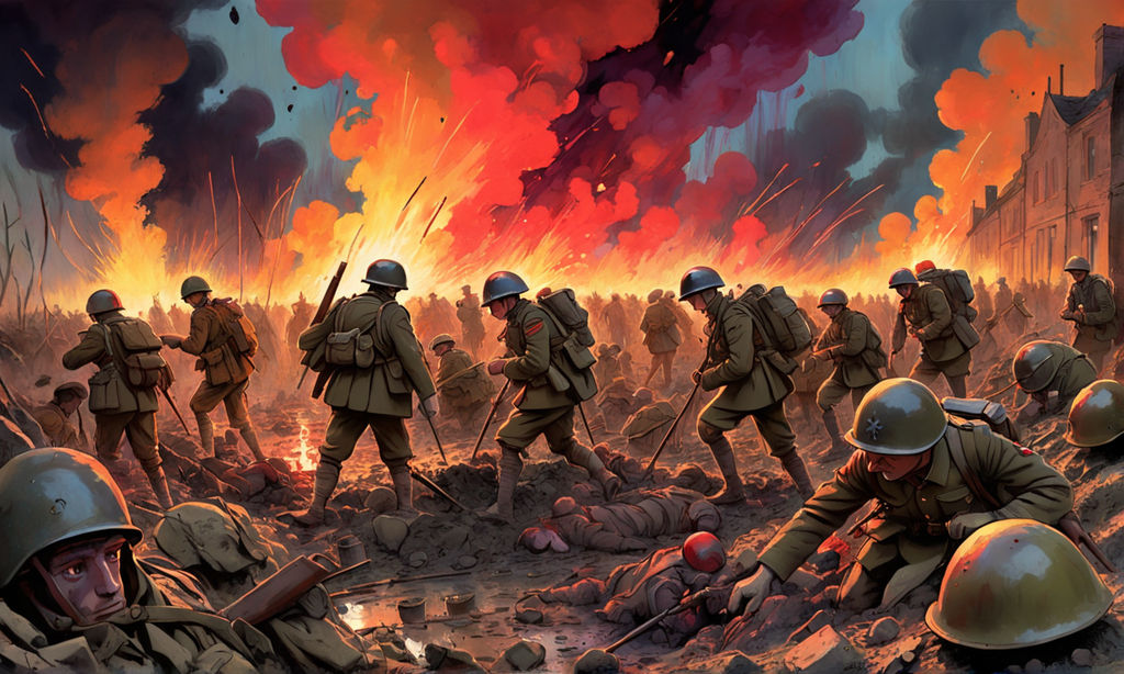 Studio Ghibli-style cartoon depicting WWI British soldiers j... by ...