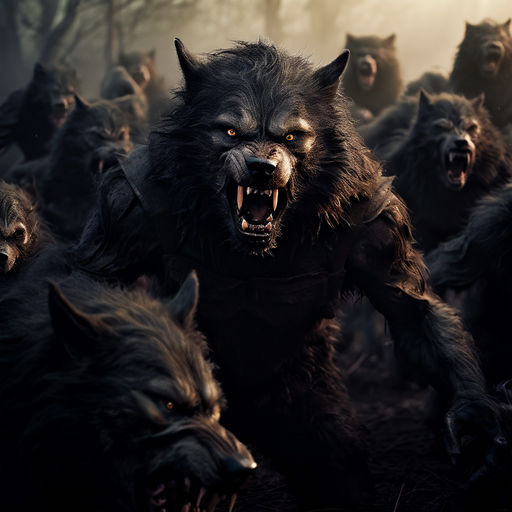 Hundreds of werewolf werewolves forming a large army in a fi... by ...