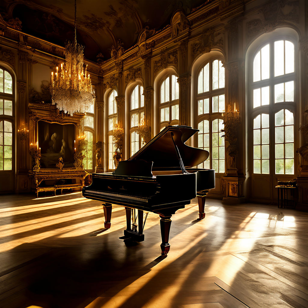 Grand piano taking center stage in the grand hall of a baroq... by Drum ...
