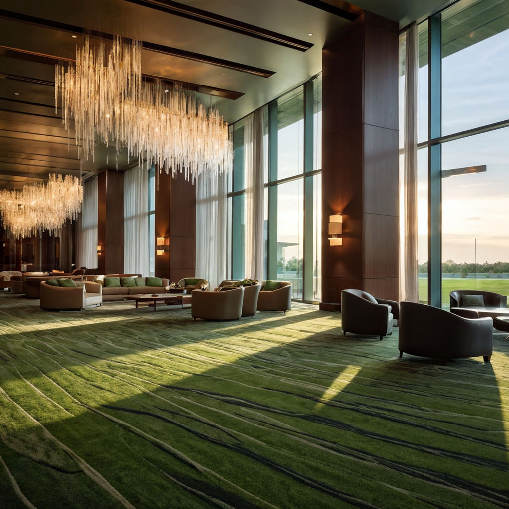 An expansive hotel lobby where the floor is unexpectedly car... by ...