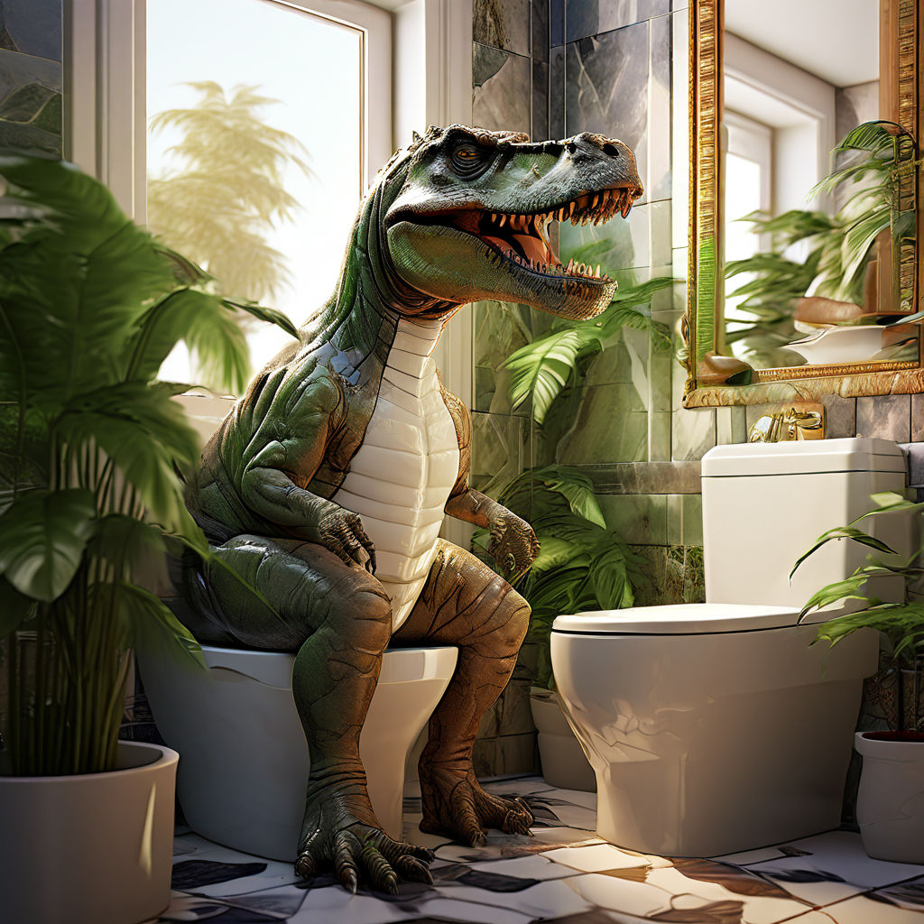 T-rex seated on a porcelain toilet in a well-lit by Ahmed yassine ...