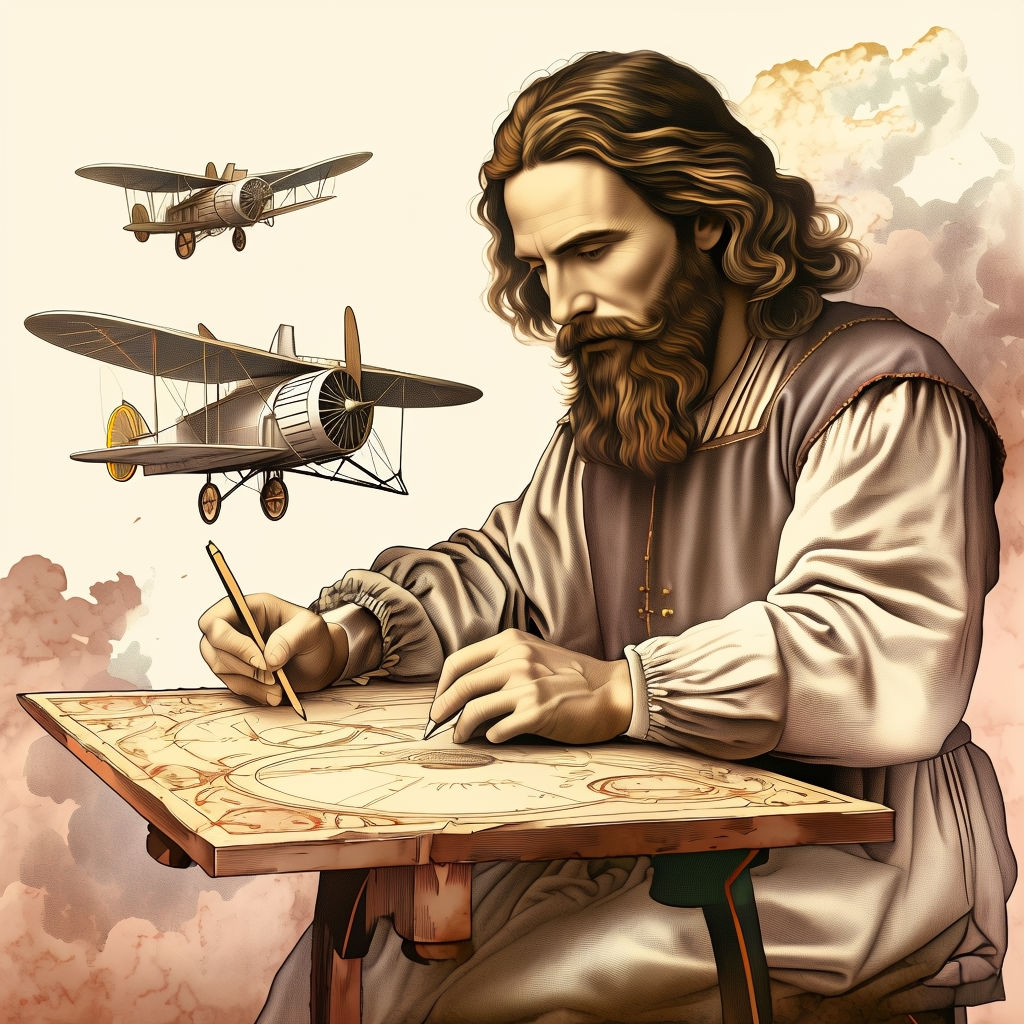 Da vinci sitts at his drawing table and is doodeling two fly... by Ich ...