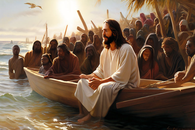 Jesus sitting in a small wooden boat by muriel rocha - Playground