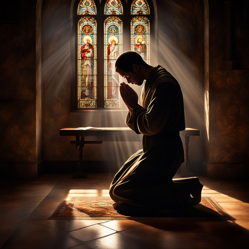 Kneeling figure with head bowed in prayer by Antonio Gim - Playground