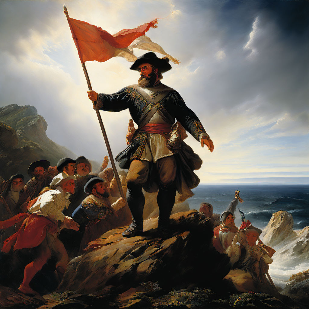 Magellan hoisting the Spanish flag atop a significant hill by Kyut ...