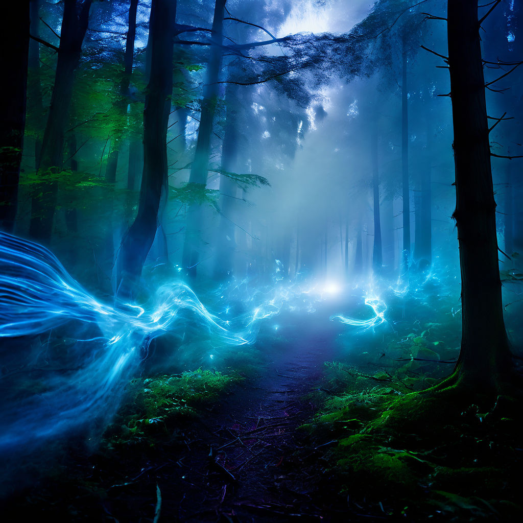 Multiple Blue-green glowing wisps leaving a foggy light trai... by ...