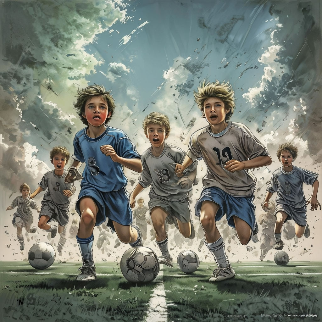 Youth kids playing football by Kathy Jones - Playground