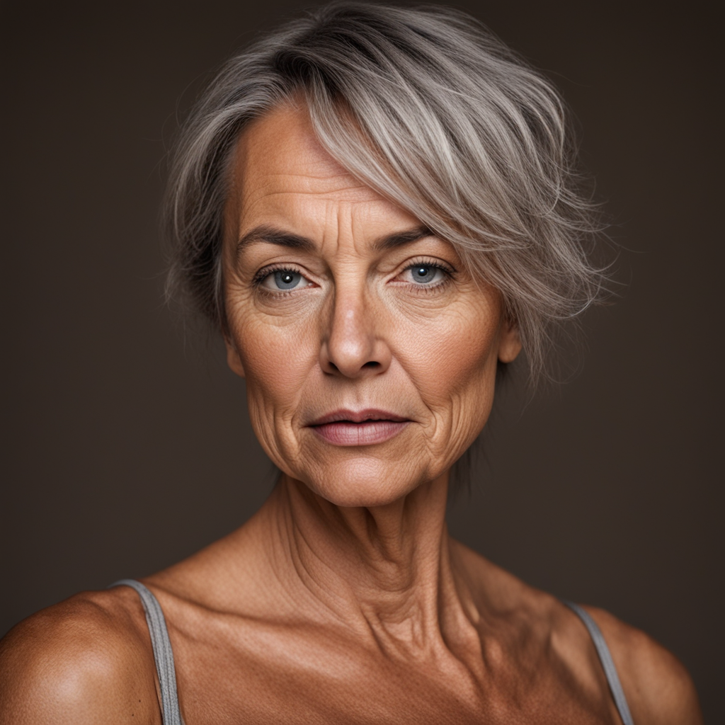 Close-up photo of a 45-year-old woman with a discernible mel... by Nika ...