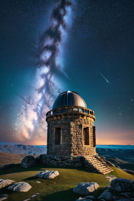 An ancient stone observatory standing tall under a starry sk... by ...