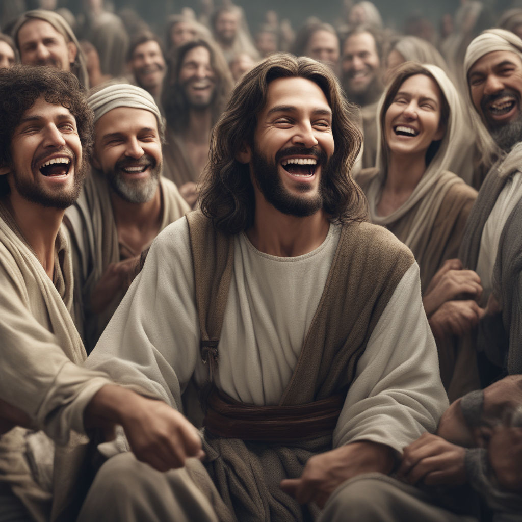 A GROUP OF people laughing at jesus with a grim smile on th... by ...