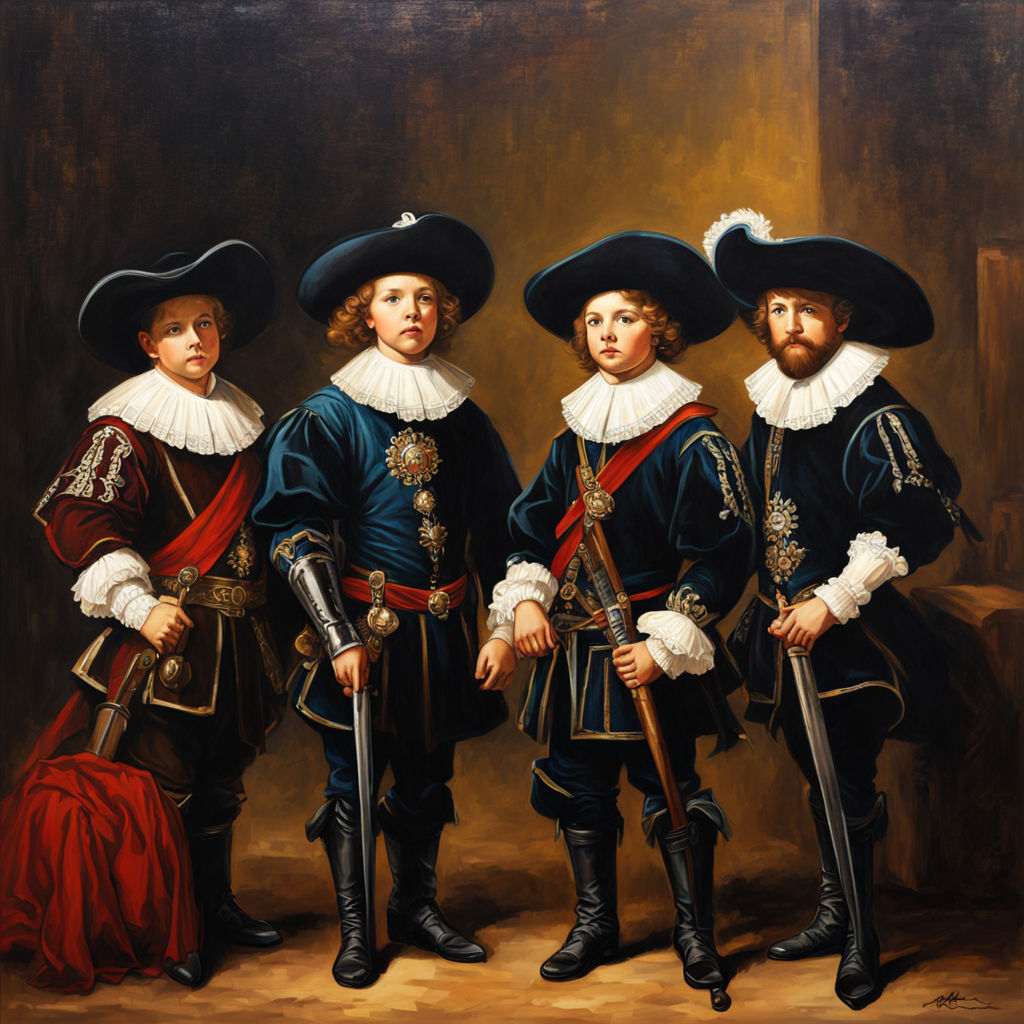 An oil painting of the Three Musketeers in the style of Remb... by ...