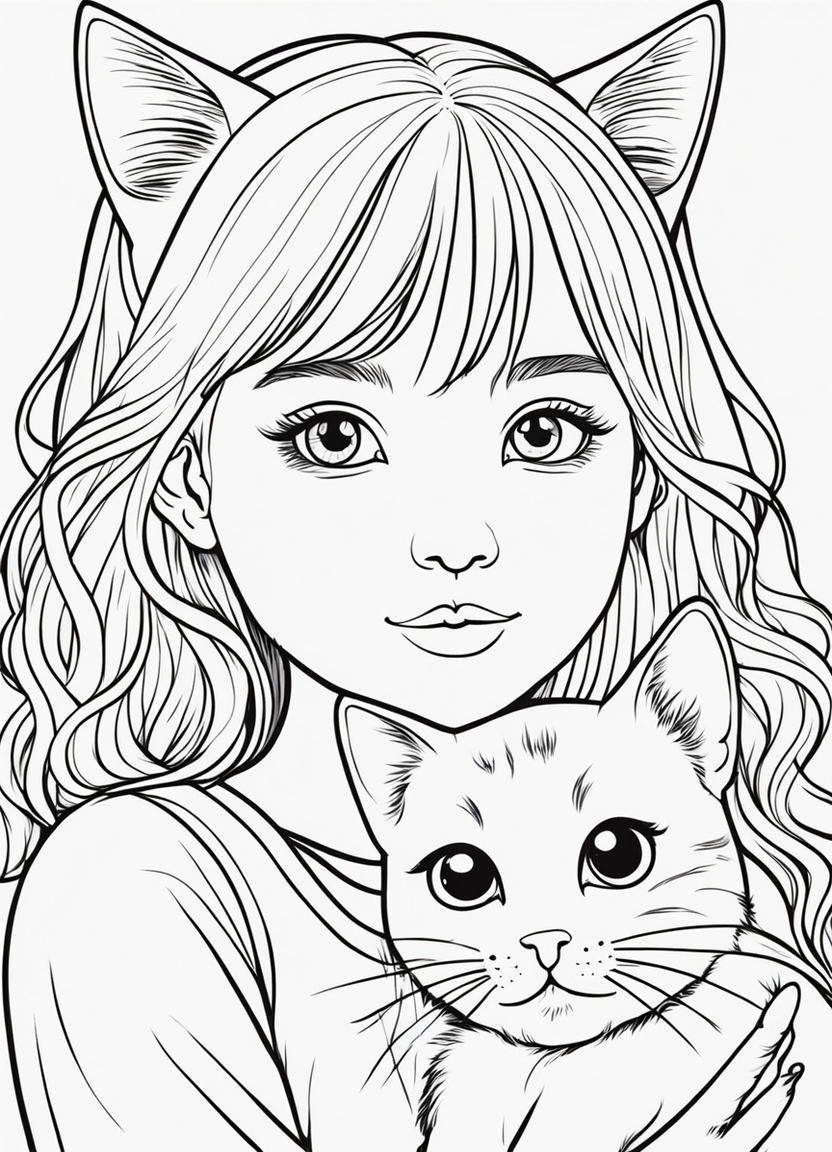 Close cute girl with cat bold and easy coloring page by Sx arabika ...