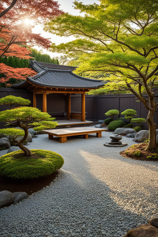 A tranquil Zen garden with a small wooden meditation pavilio... by ...