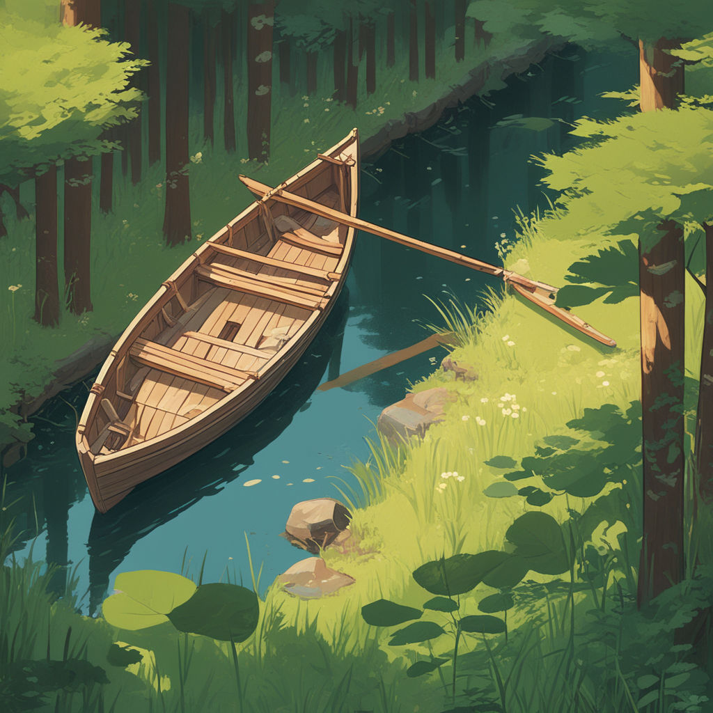 Isometric view of a wooden boat docked along a small river i... by ...