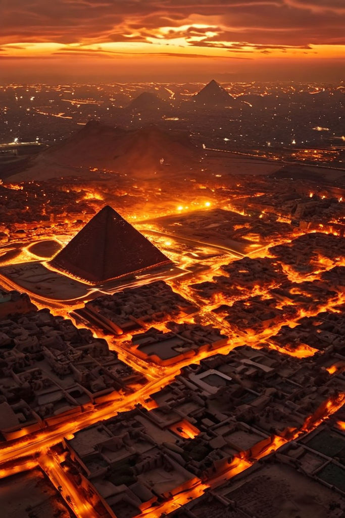 An Arial Pyramids of Giza at night Circle of fire round the... by Gold Vibes - Playground