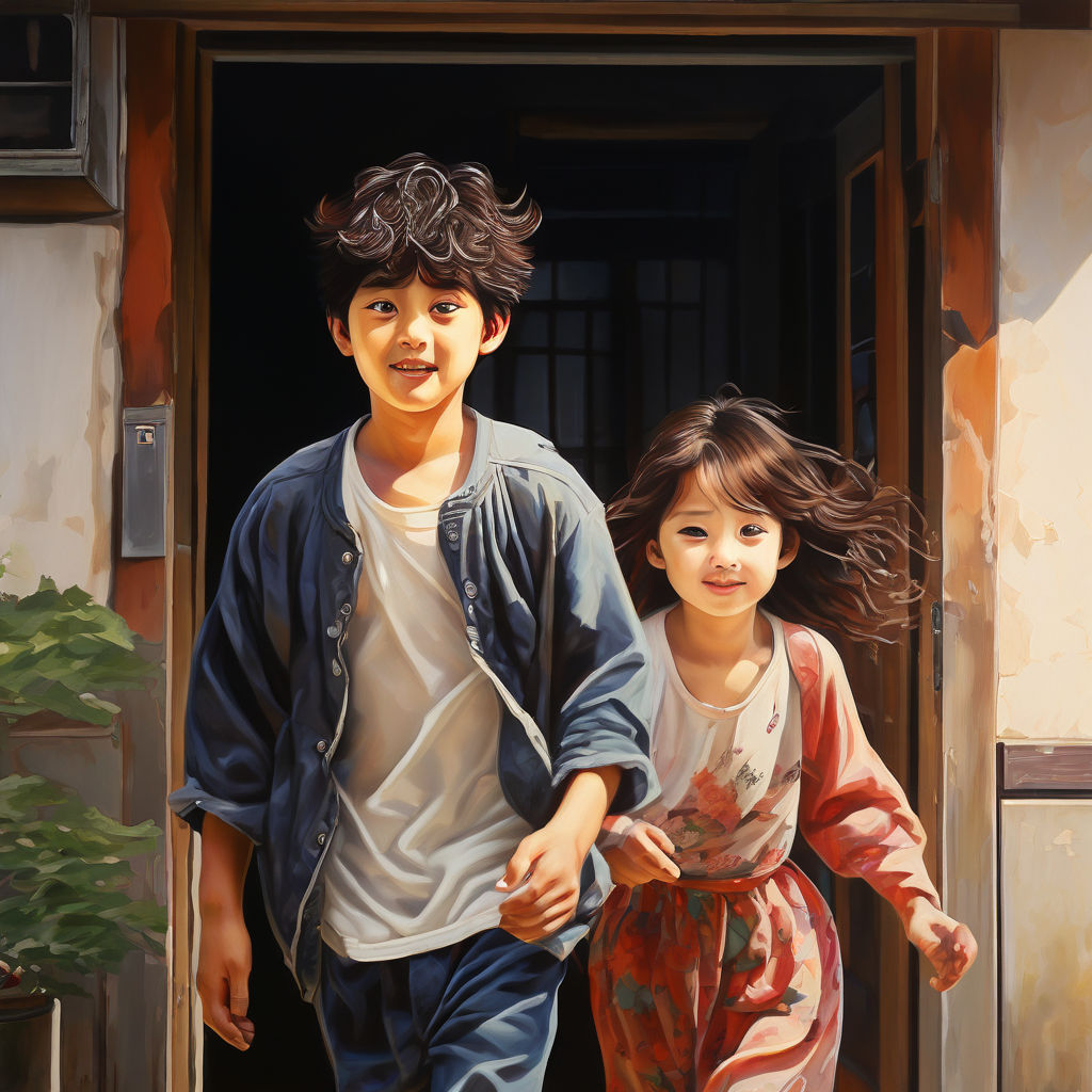 A boy and a girl are coming out of the house They are coming... by ...