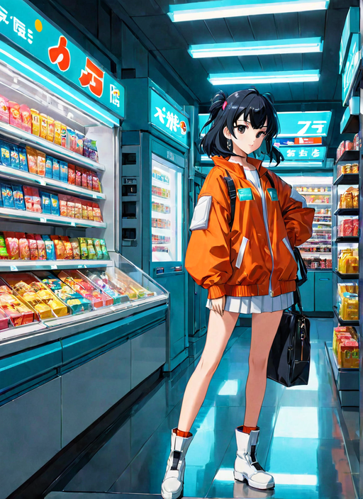 Vintage 90's anime style. stylish model posing in 7/11 conve... by ...