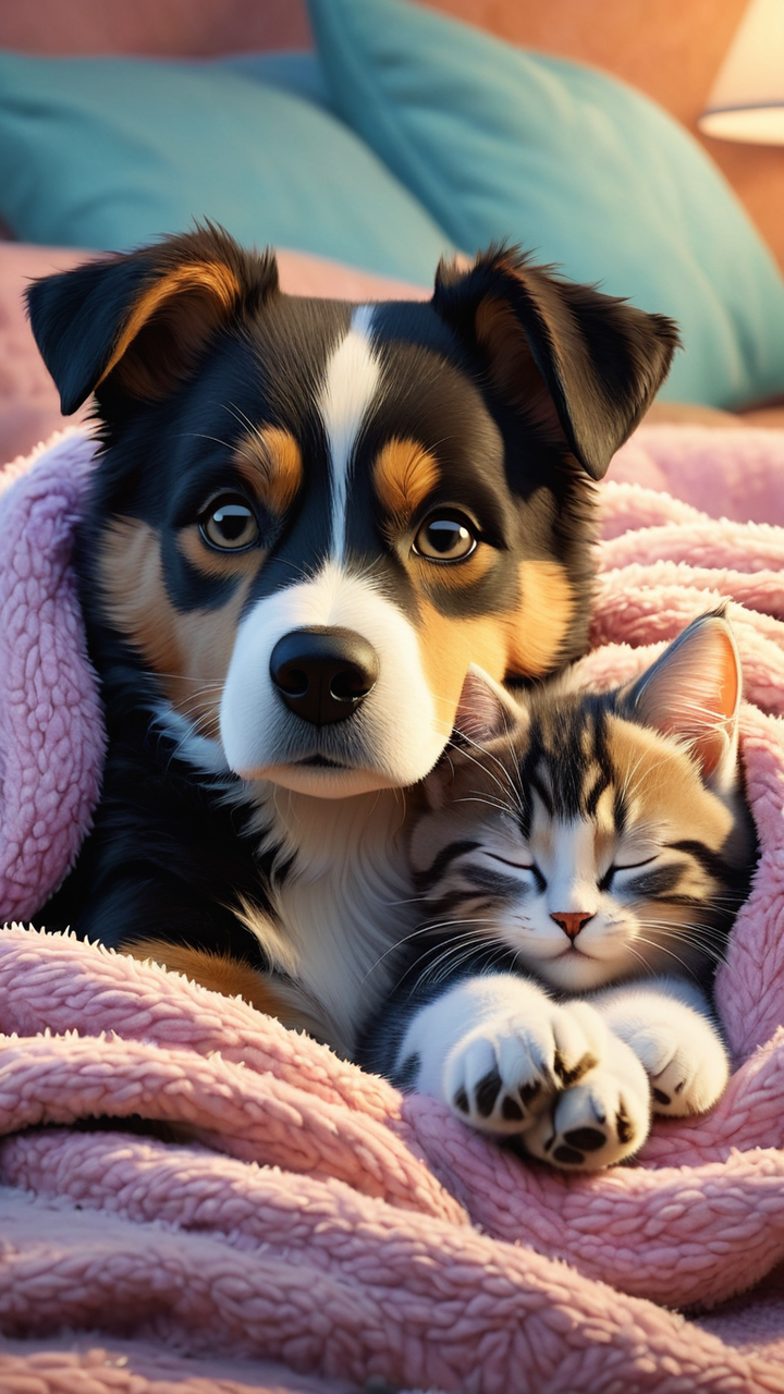 Pixar-style animation still of a dog cuddling with a kitten by ...