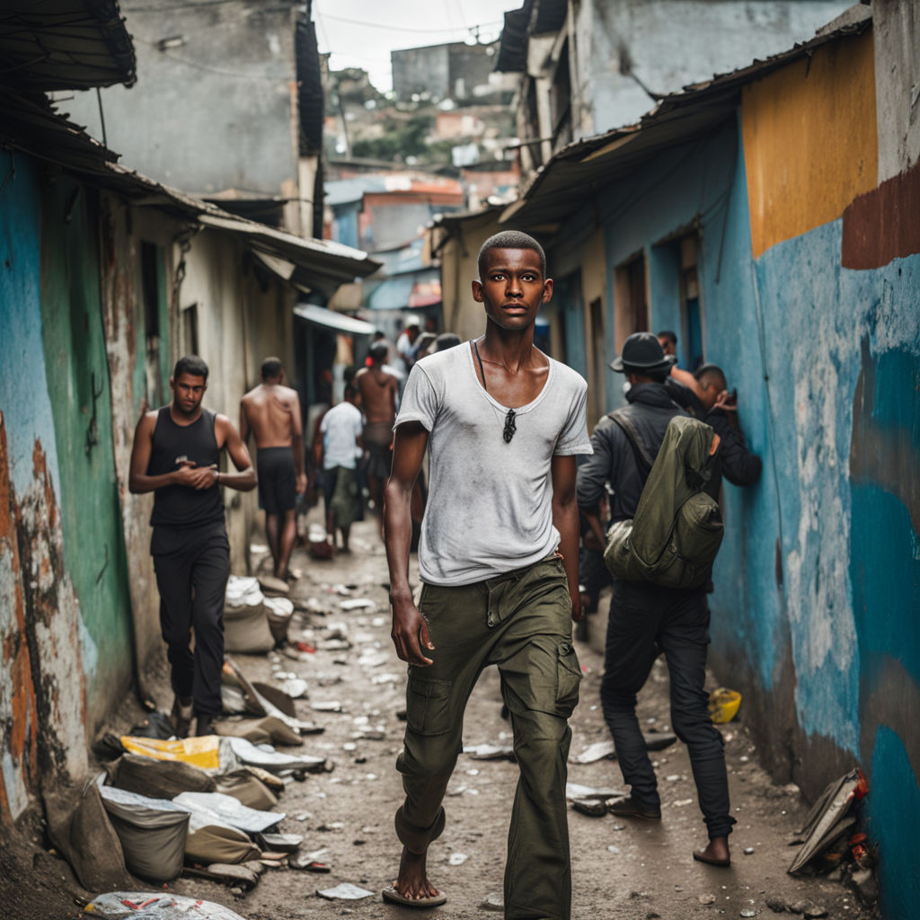 A young man walking in the favela with armed men and selling... by ...