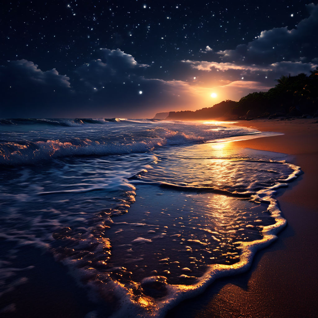 Beautiful beach at night with the moon in the sky with stars... by ...