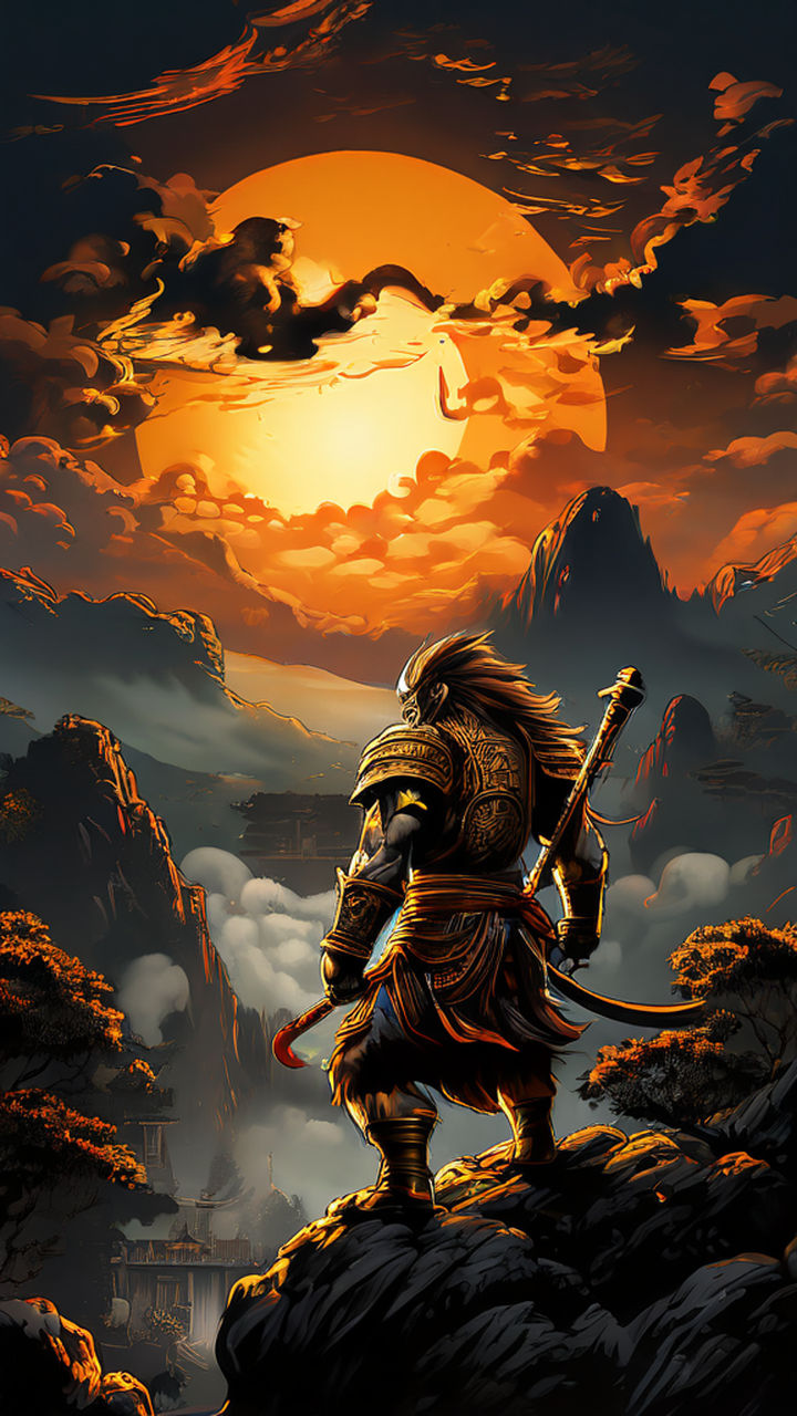 Monkey King wearing golden jingu carrying staff at night wit... by Dani ...