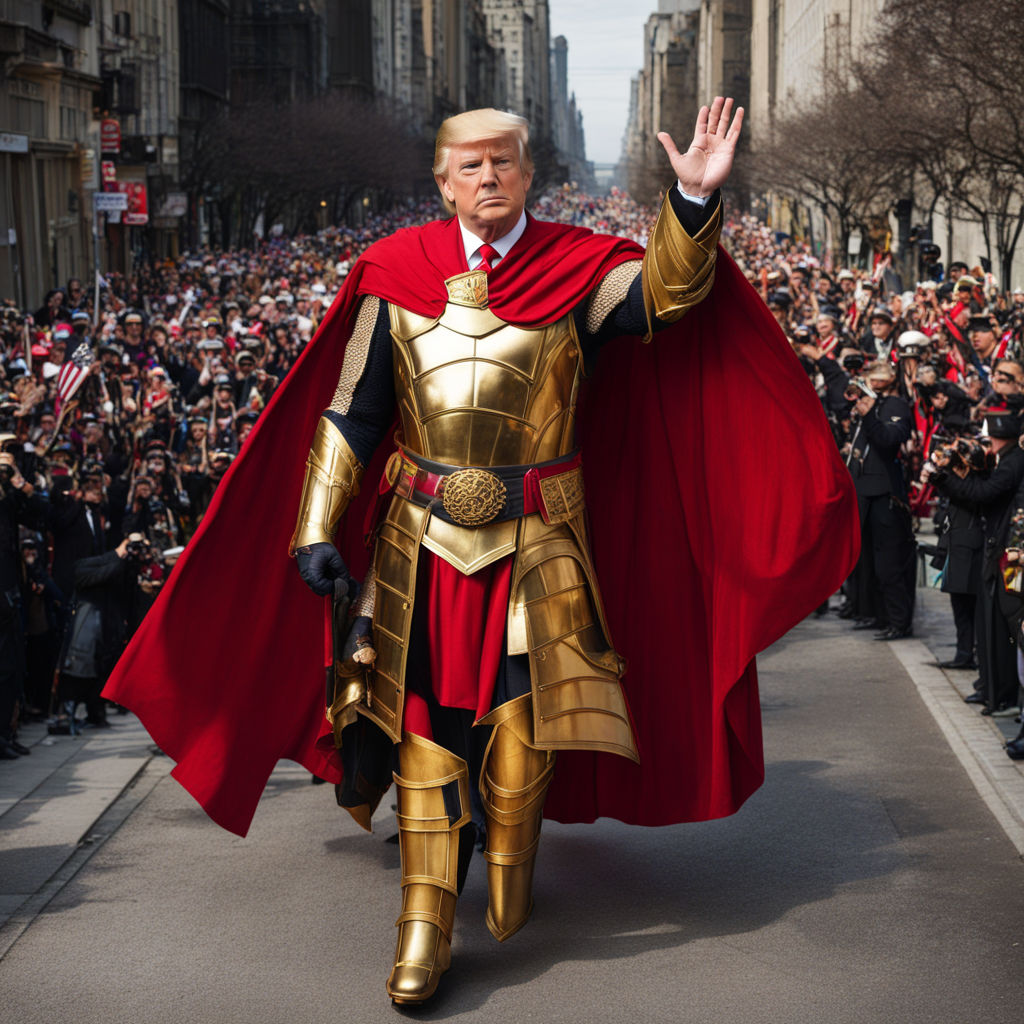 Donald Trump wearing golden armor and red cape waving to peo... by 龚亦平 ...