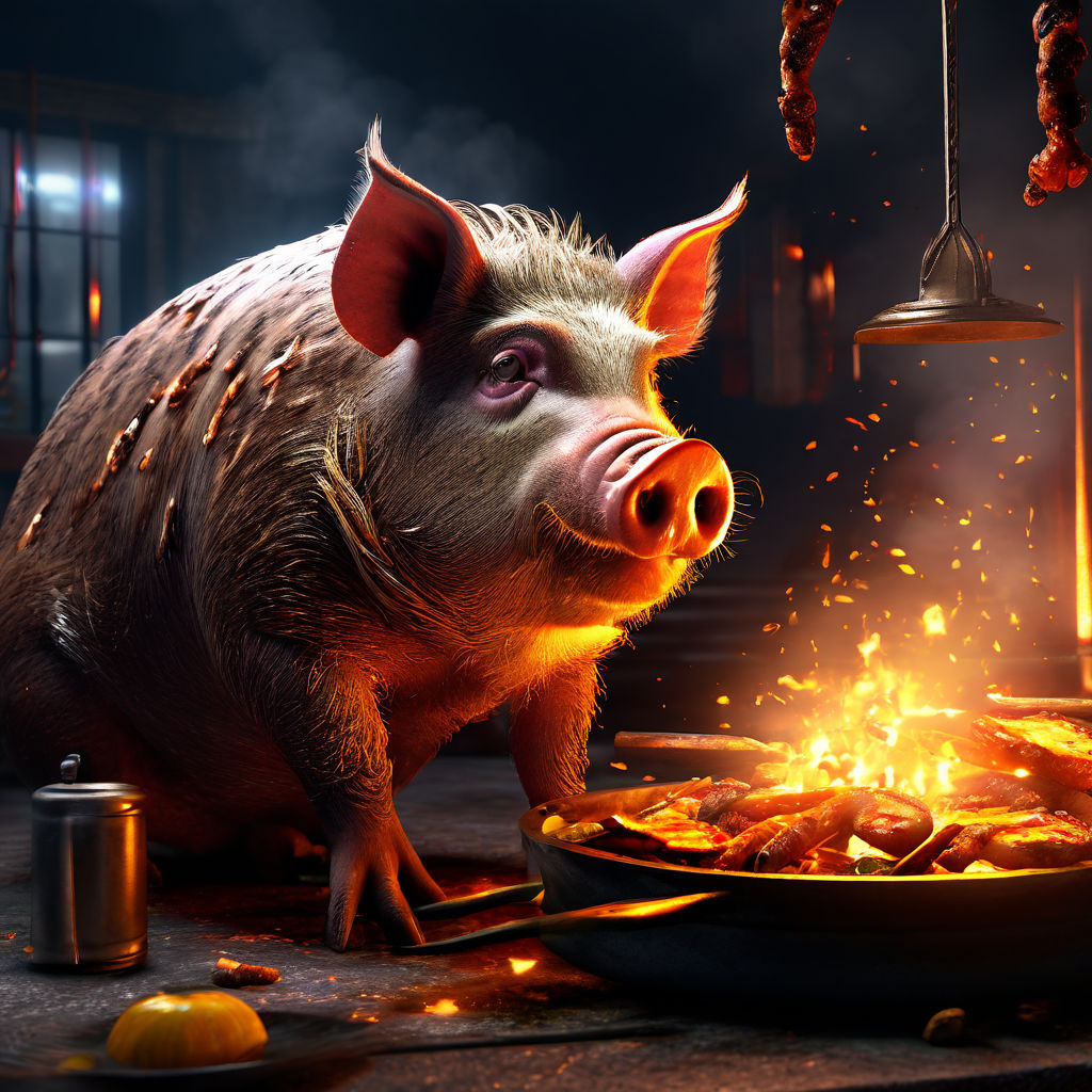 A frightened pig watches a kebab being cooked by Gero Nimo - Playground
