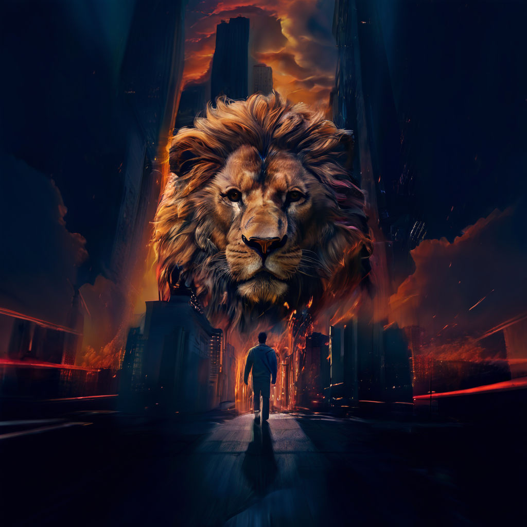 Crea al personaje del leon caminando desde el fondo de la ci... by ...