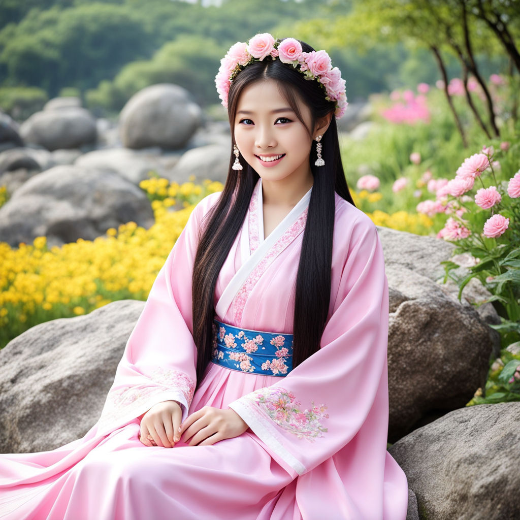 A cute chinese girl is sitting on a rock by Chandima Alwis - Playground