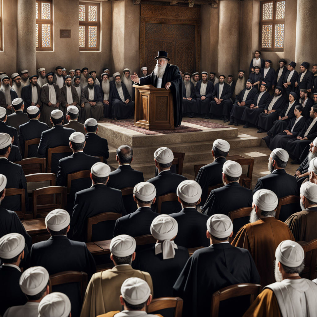 Jewish lecture. shul. talmud. A photorealistic 4k image of a... by Dov ...