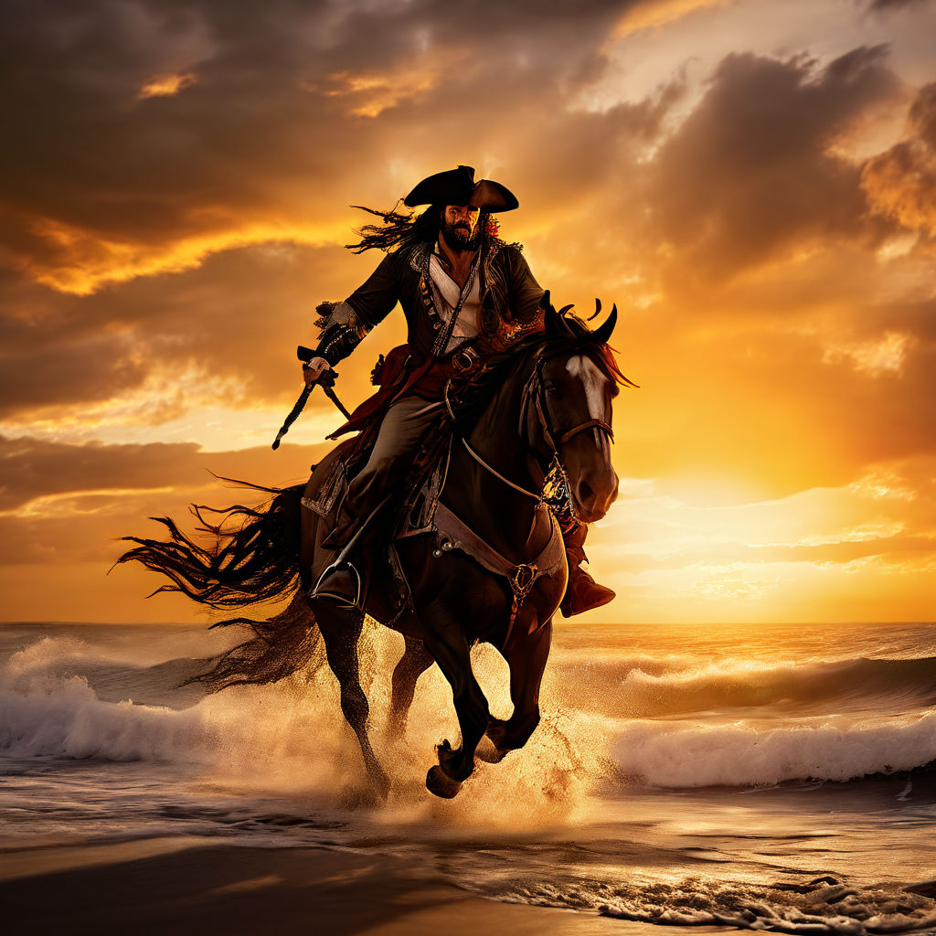Pirate riding a stallion across an untamed beach by Rodrigo Amorim ...