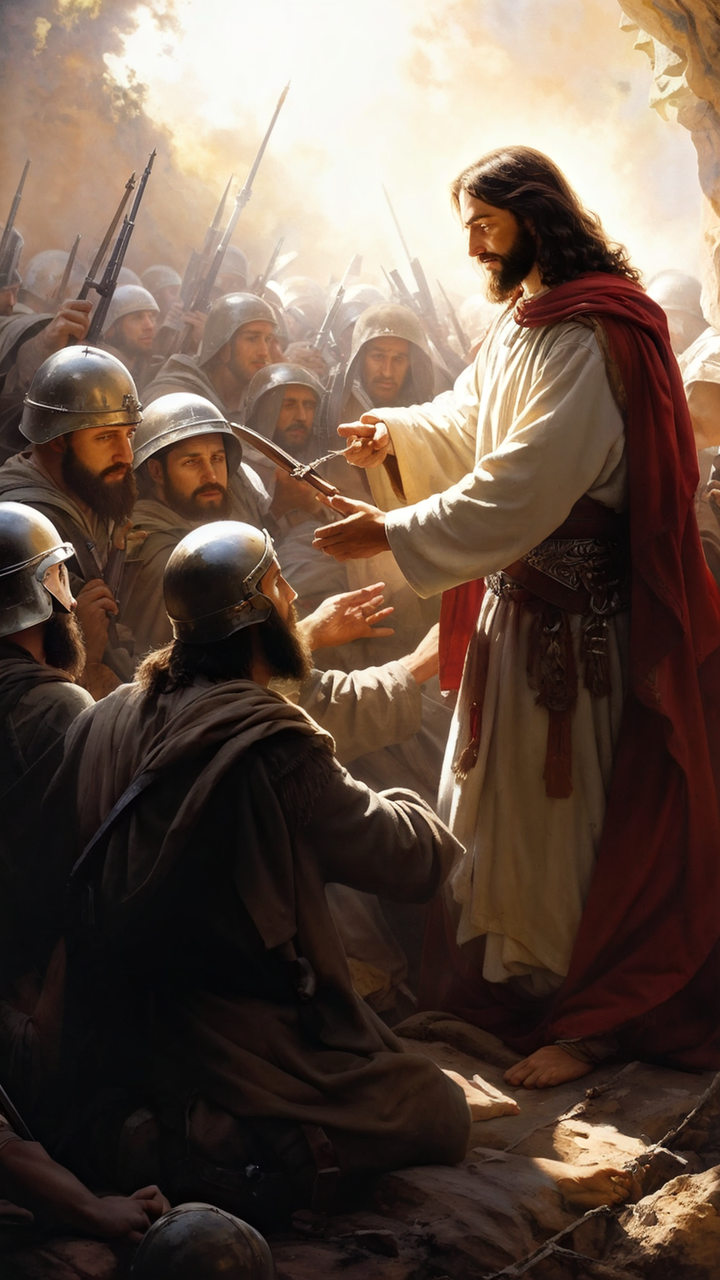 Jesus Christ giving a bible to a soldiers fighting in a war by JB ...