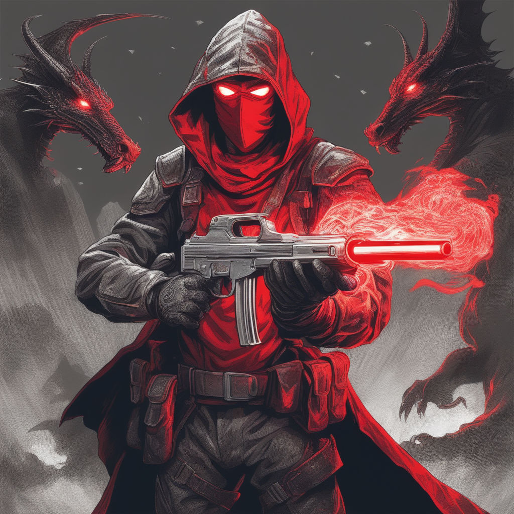 Fantasy Soldier holding glowing red gun with A red hood and ... by ...