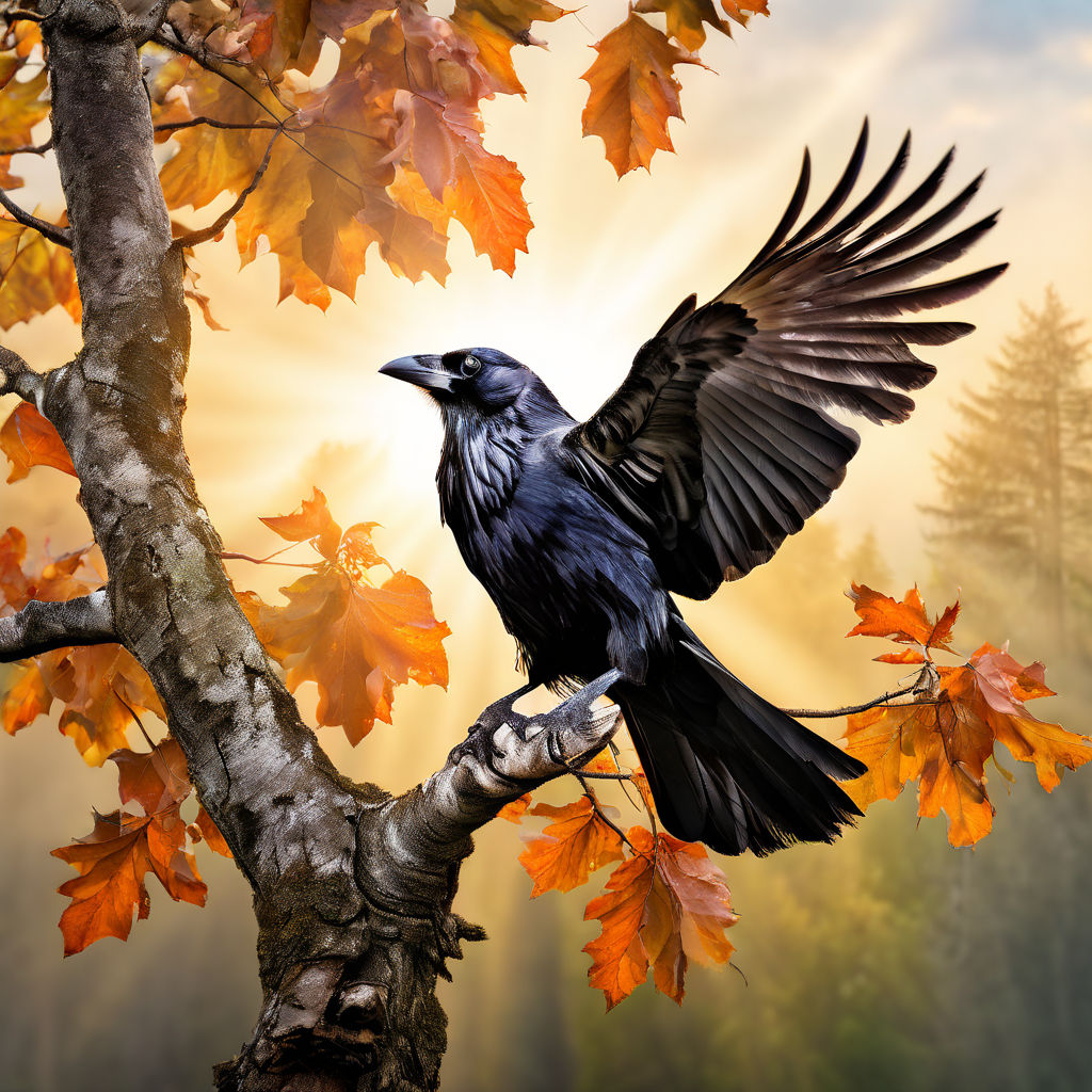 Crow fly down from tree in morning by A N - Playground