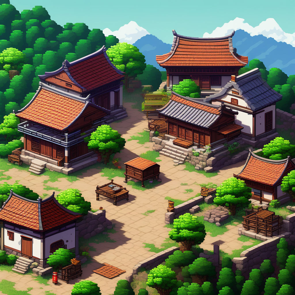 Korean traditional villige top view pixel art by 김민선 - Playground