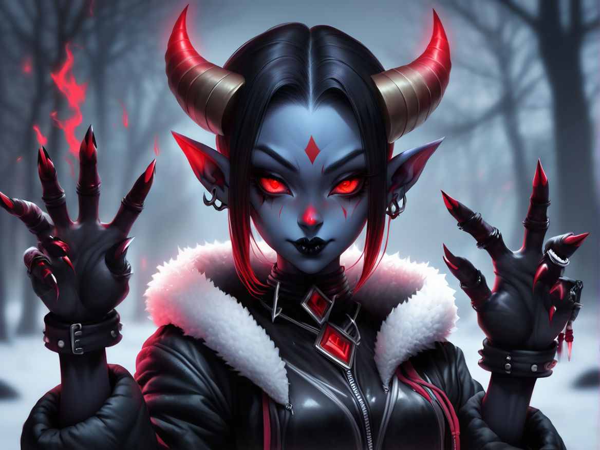 Bald demon woman with obsidian skin with long horns by Claudio Lima ...