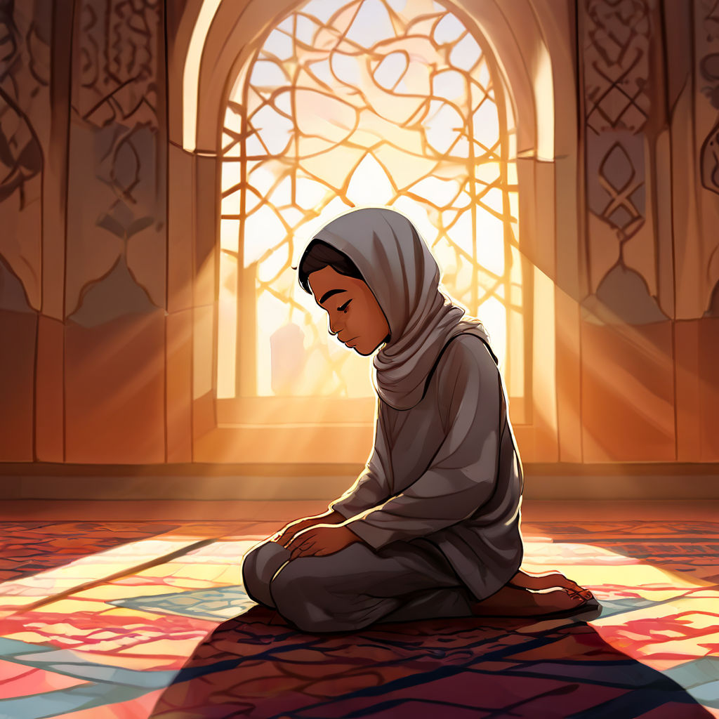 Cartoon illustration of a Muslim boy in prostration on a wov... by ...