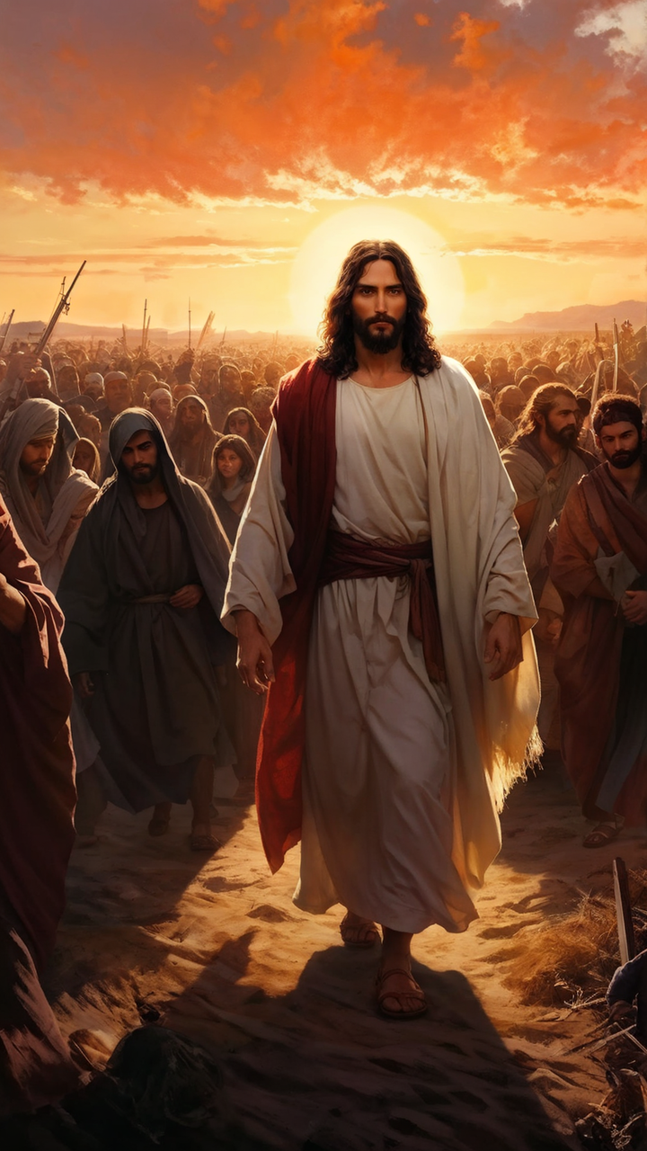 Jesus Christ walking with a crowd behind him on the sunset ... by JB ...