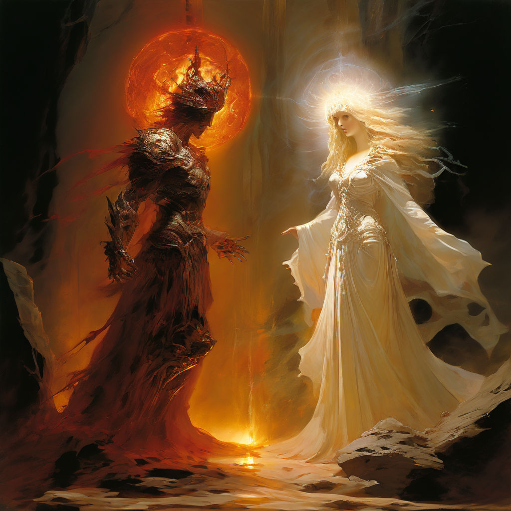 Two ethereal figures engaging in a dramatic confrontation by dallas ...