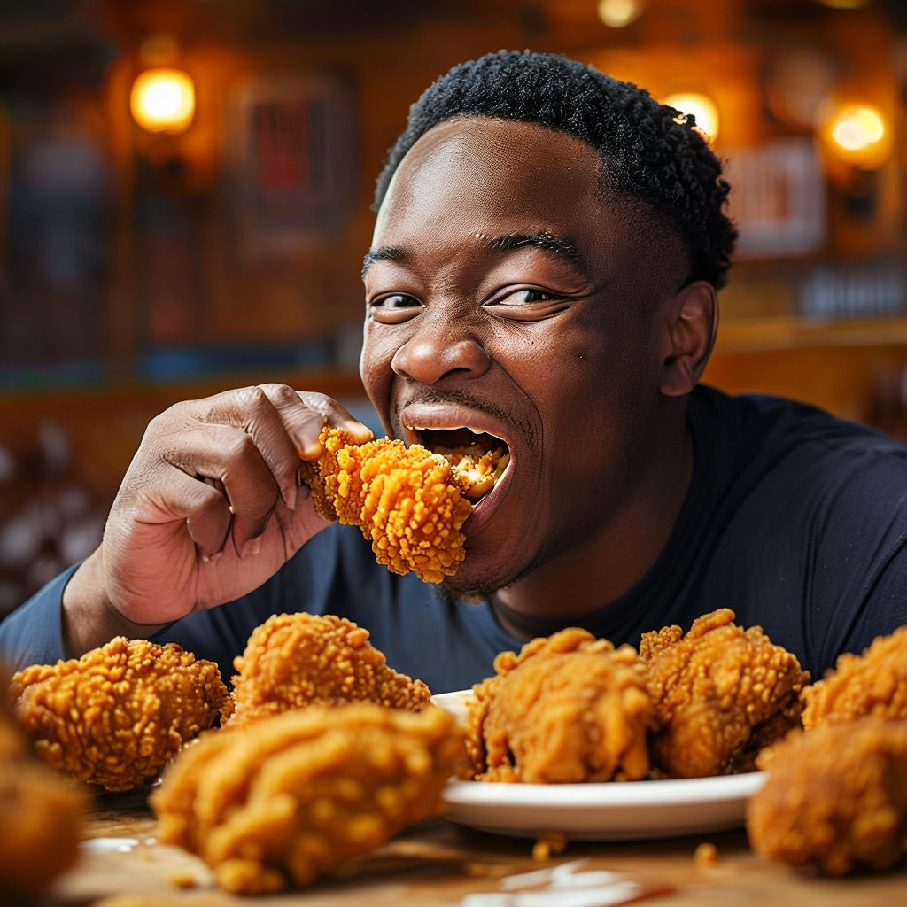 Glad black guy eating fried chicken by Darren Poole - Playground