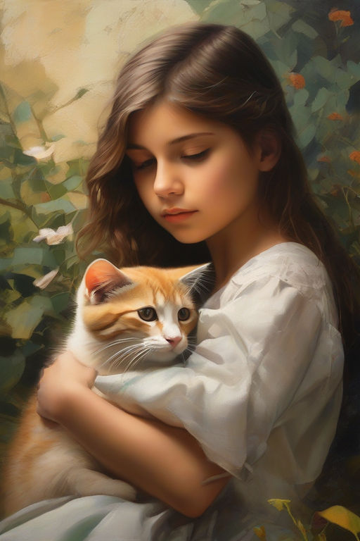 A young girl hugging a small feline companion is intertwined... by Marina Ulanova - Playground