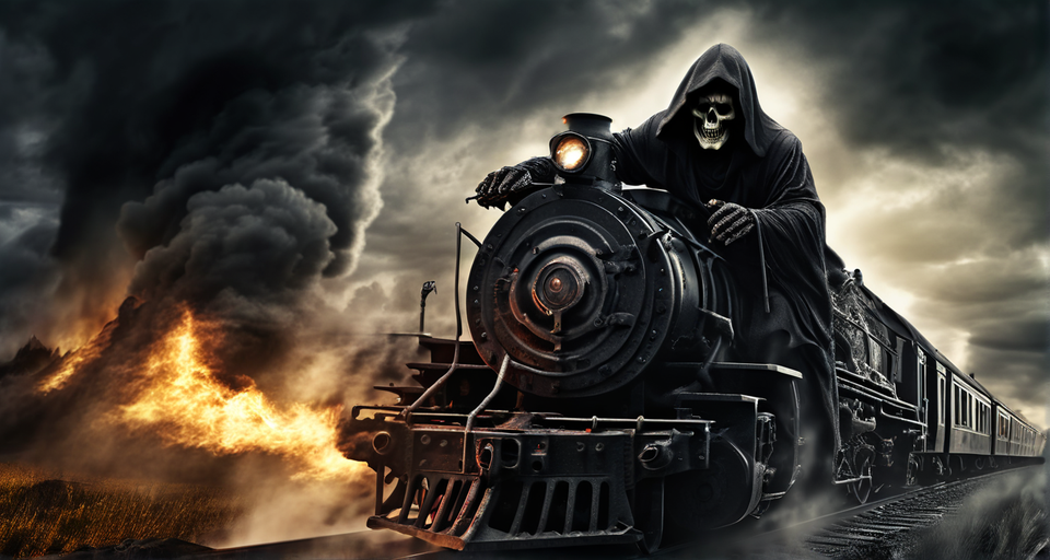 The grim reaper rides on the engine of a speeding train by Christopher ...