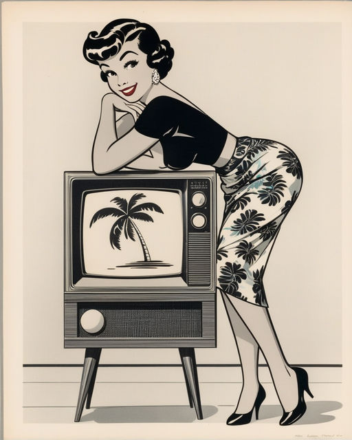A cartoon 1950s cartoon of a hula dancer leaning over a tele... by Ian Clarke - Playground