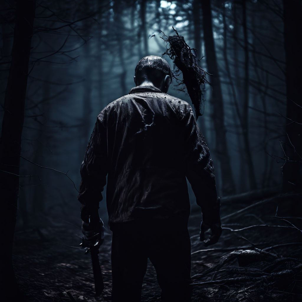 A scary man walking in the dark forest by holding head of a ... by ...