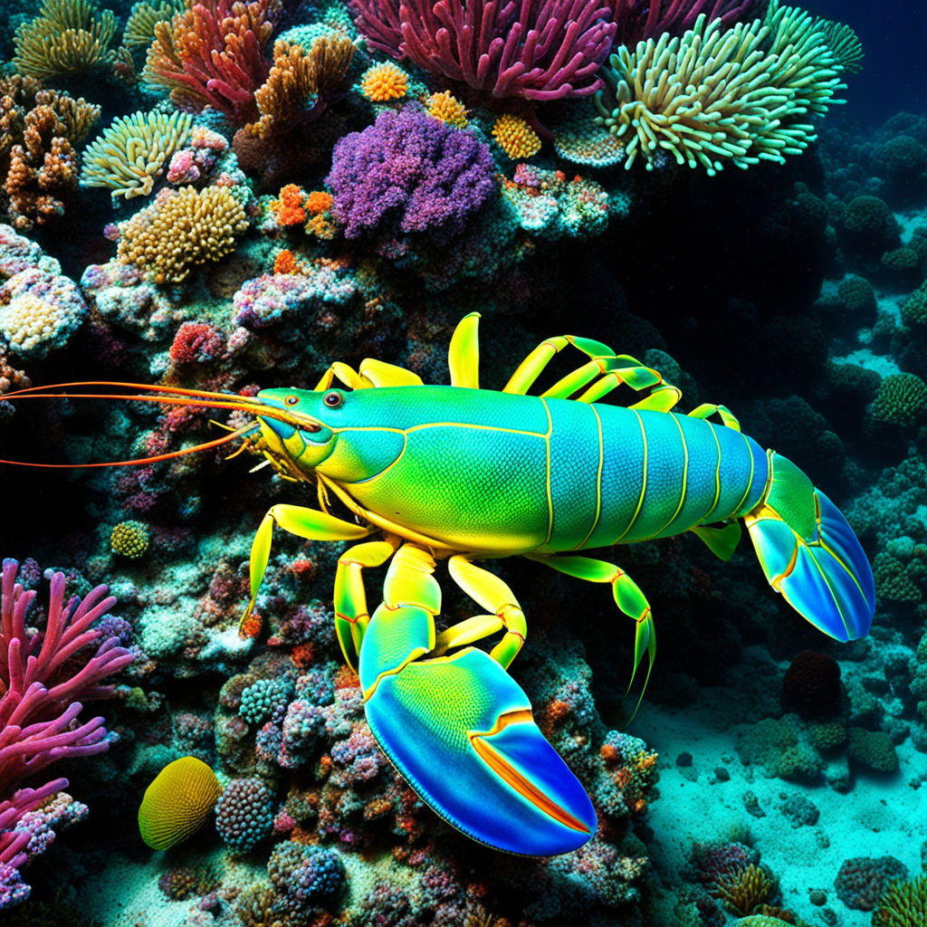 An underwater lobster segmented with four different neon col... by ...