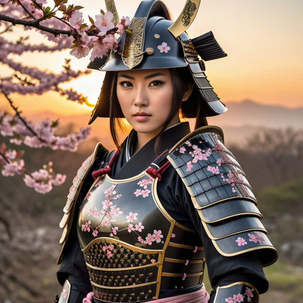 Photorealistic portrait of a young female samurai with intri... by Om ...