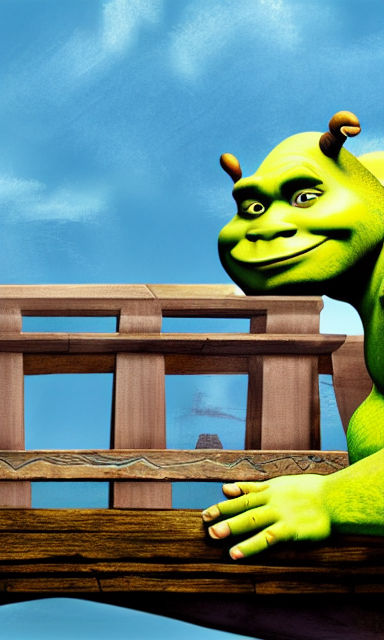 Shrek standing poised holding a fan on a quiet Japanese brid... by ...