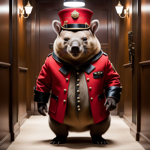 An anamorphic human sized male wombat dressed like combat be... by ...